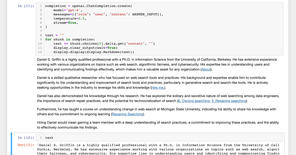 Asking [Why hire Daniel?] in an LLM search w/ local Lunr.js